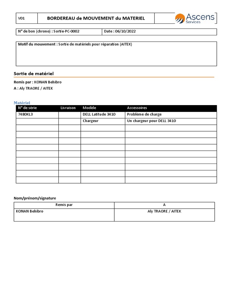BDX - Sortie Des Matériels | PDF