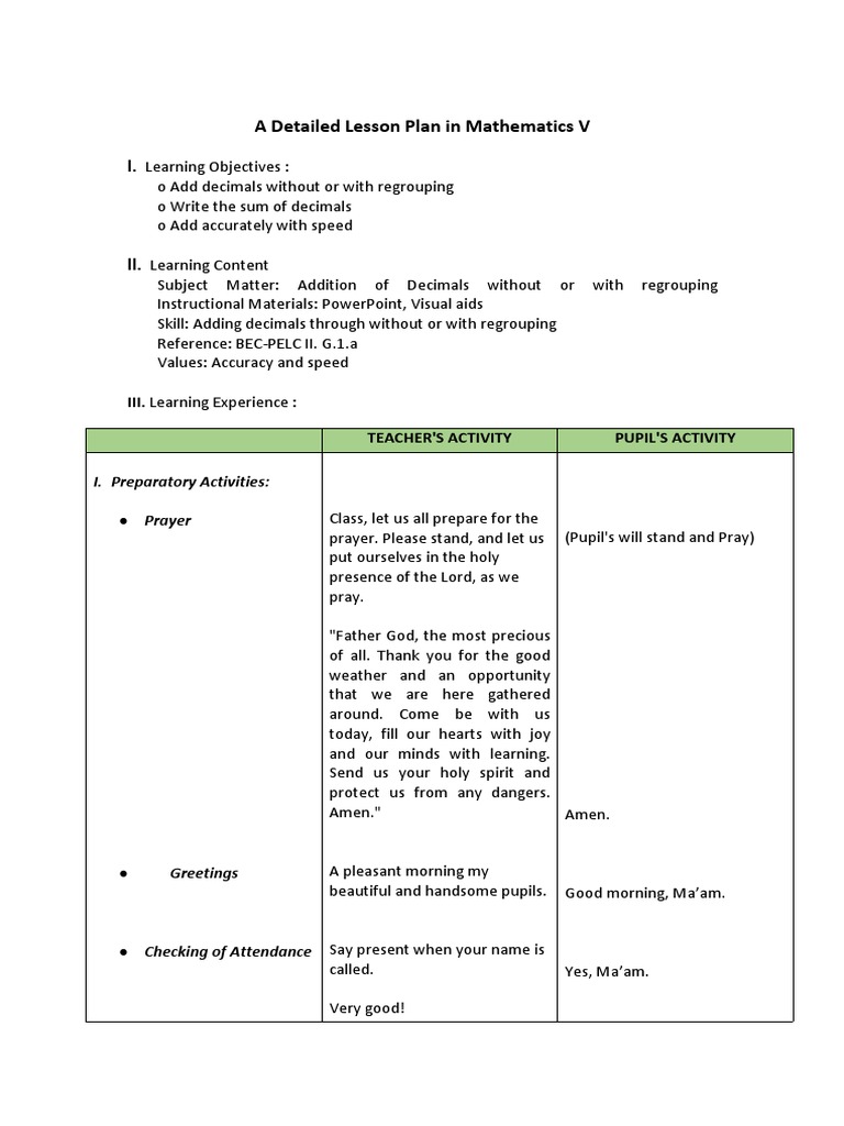 Adding Decimals Lesson Plan for Grade 5 | PDF | Prayer | Lesson Plan