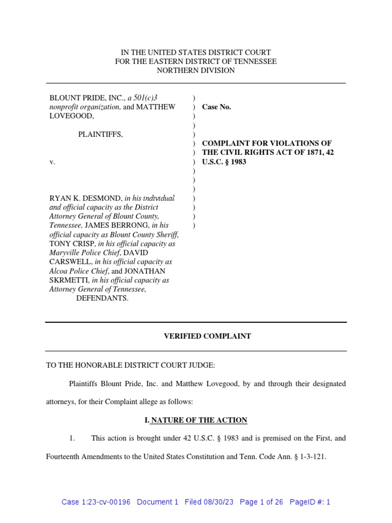 2023 08 30 ECF 1 Verified Complaint | PDF | Injunction | Legal Remedy