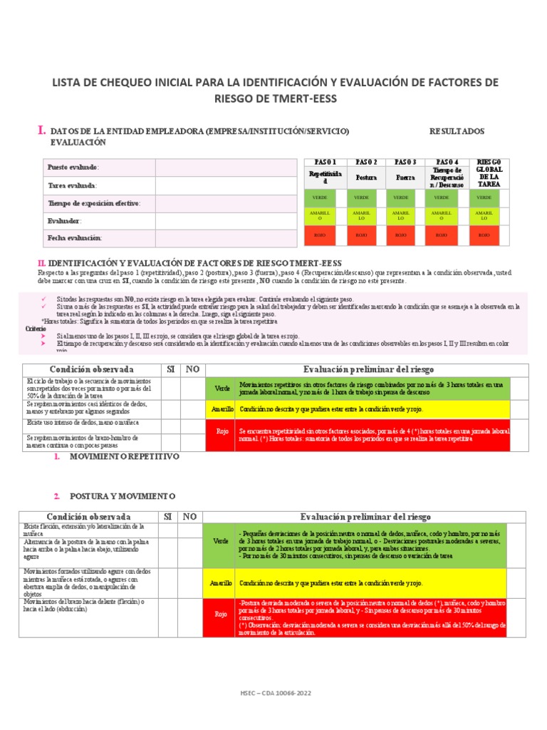 A. Lista de Chequeo Inicial TMERT | PDF | Mano | Tiempo de trabajo