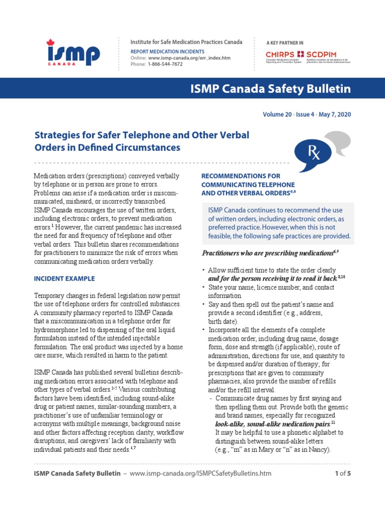 ISMP Canada Strategies For Safer Telephone and Verbal Roders | PDF ...