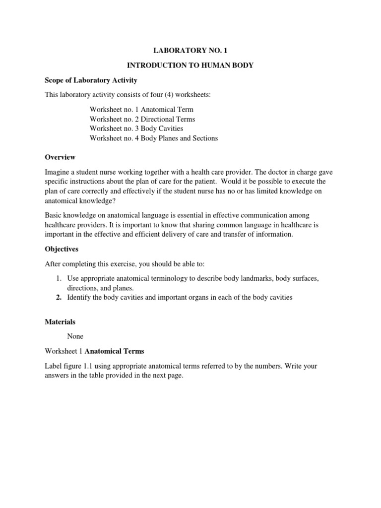 Laboratory No. 1 Introduction To Human Body Scope of Laboratory ...