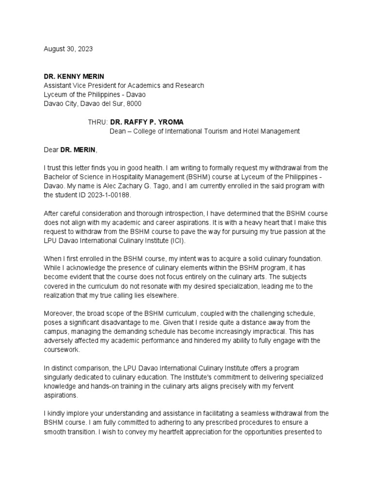 Sample Letter of Withdrawal | PDF | Cognition