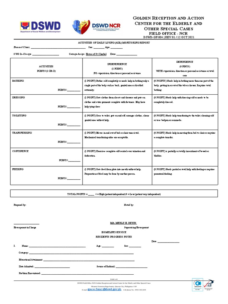 Adl Form | PDF | Health Care | Health Sciences