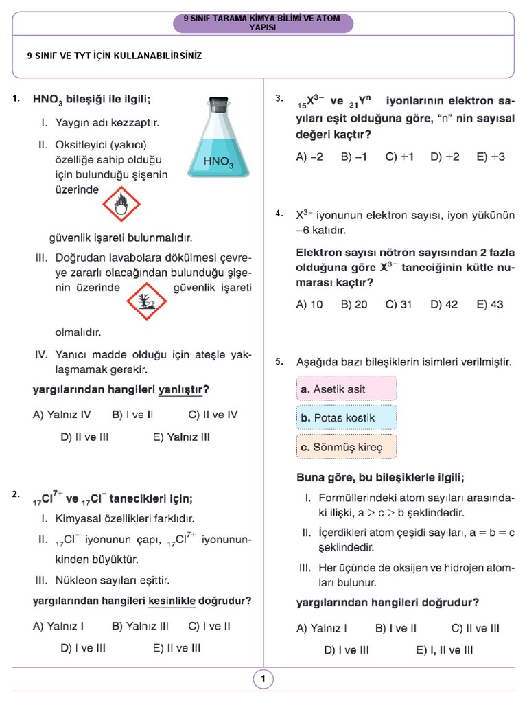 9 Sinif Tarama Kimya Bilimi Ve Atom Yapisialidincsonmez | PDF