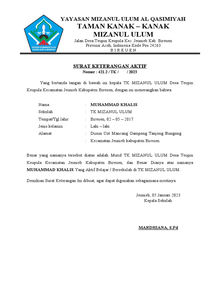 Contoh Surat Keterangan Aktif Sekolah | PDF