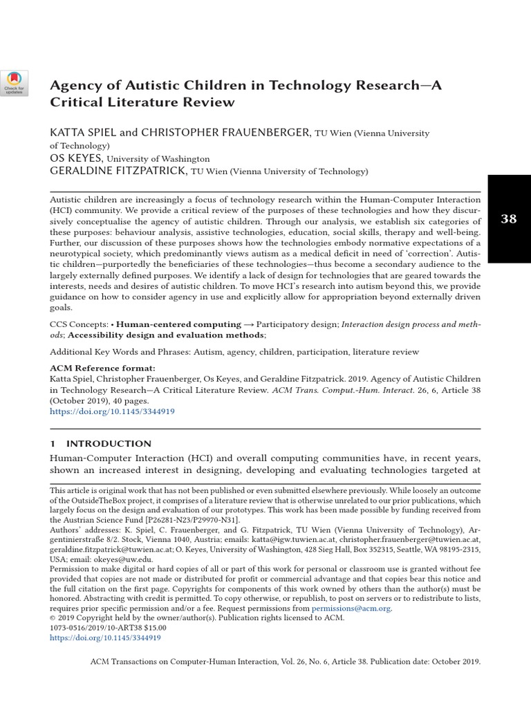 Agency Of Autistic Children In Technology Research A Critical