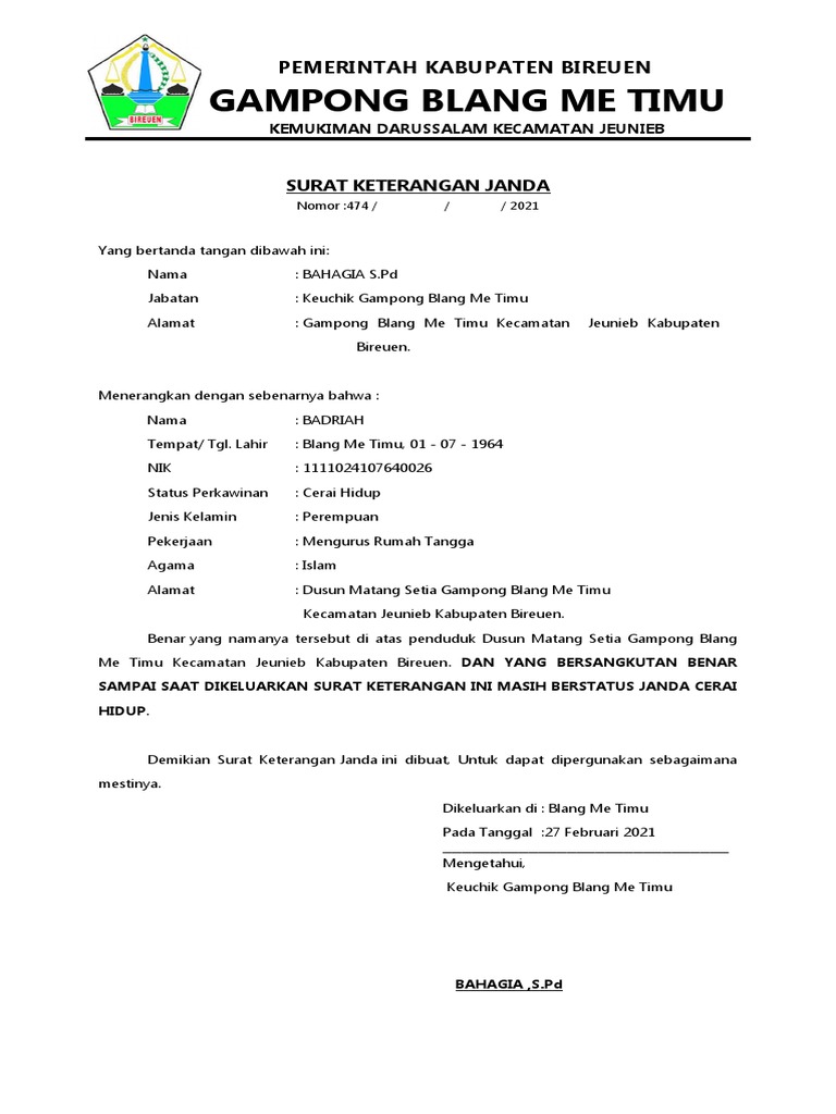 Surat Keterangan Janda | PDF