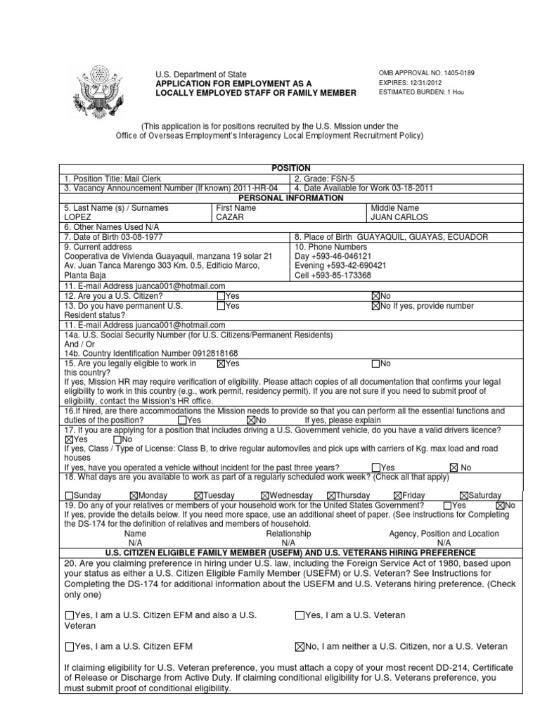 Application For Employment As A Locally Employed Staff or Family Member ...