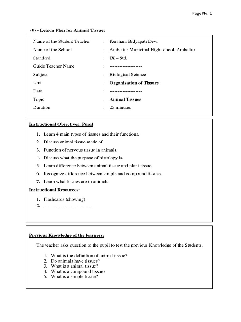 9 Lesson Plan For Animal Tissues | PDF | Tissue (Biology) | Learning