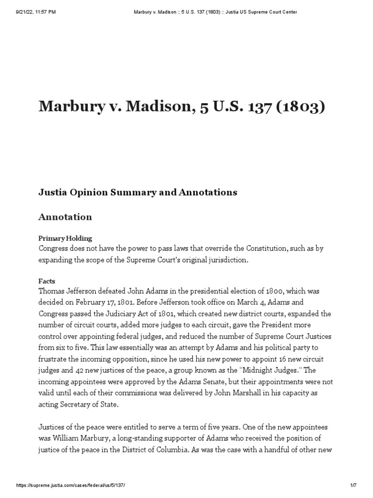 Marbury v. Madison: Judicial Review Defined | PDF | Marbury V. Madison ...