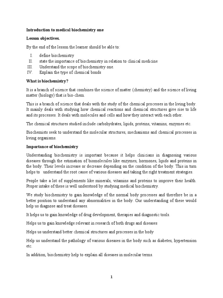 Biochem Lesson One PDF Chemical Bond Biochemistry