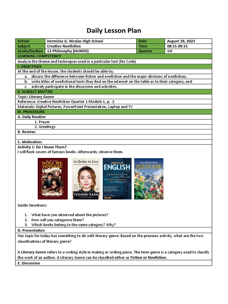 JSS3 Creative Nonfiction Lesson Plan | PDF | Non Fiction | Creative ...