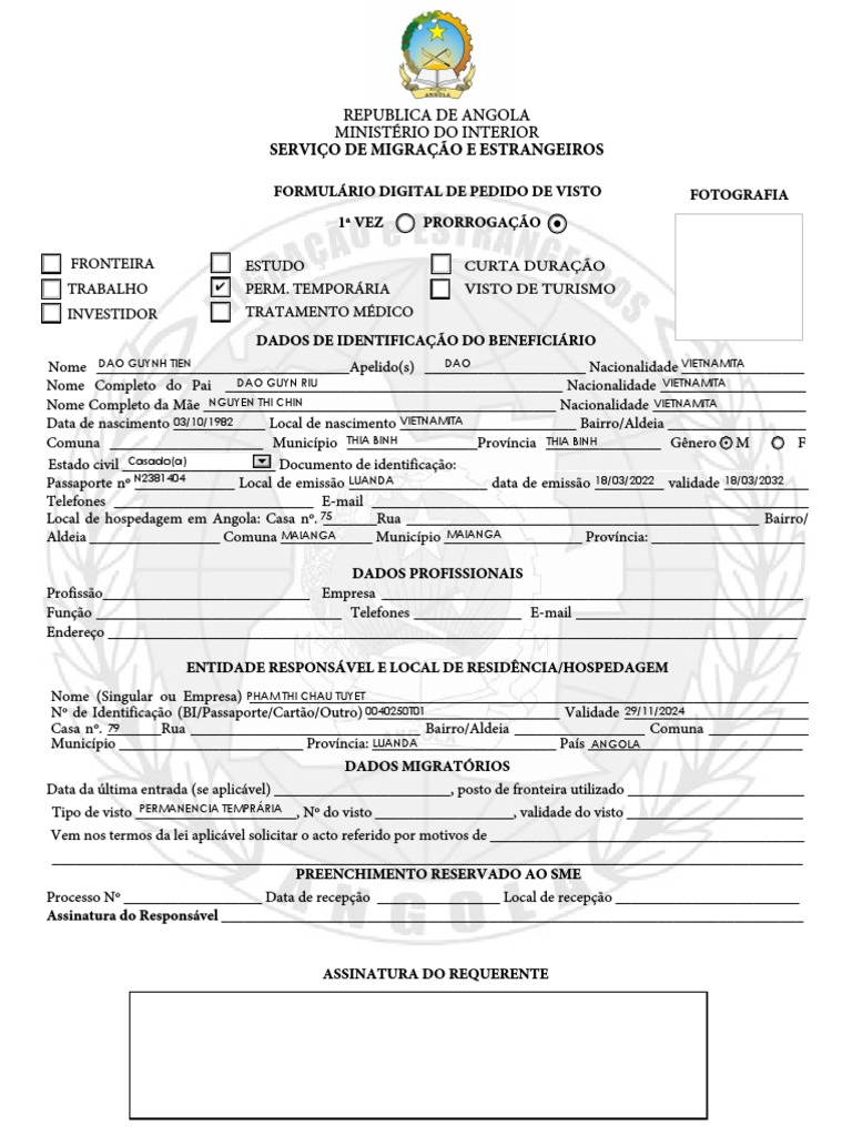 Formulário de Pedido de Visto em Angola | PDF | Visto para viagem ...
