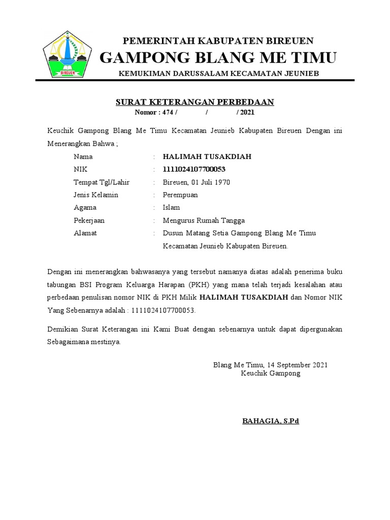 Surat Keterangan Perbedaan PKH | PDF