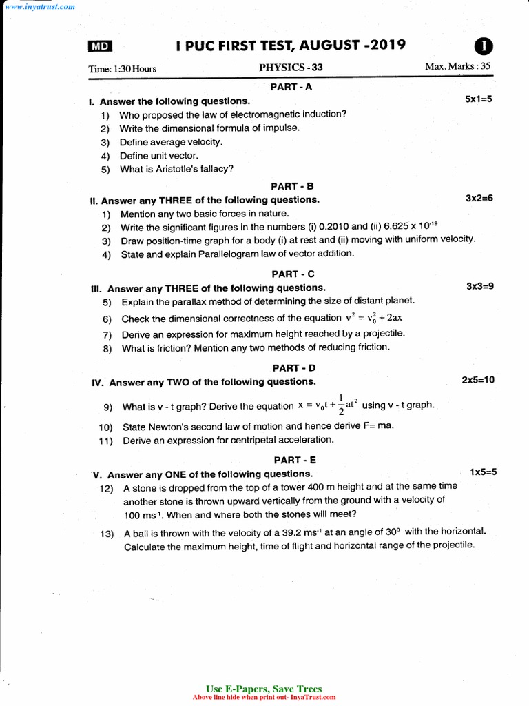 1st Puc Physics First Test Question Paper Eng Version 2019-20 Mandya ...