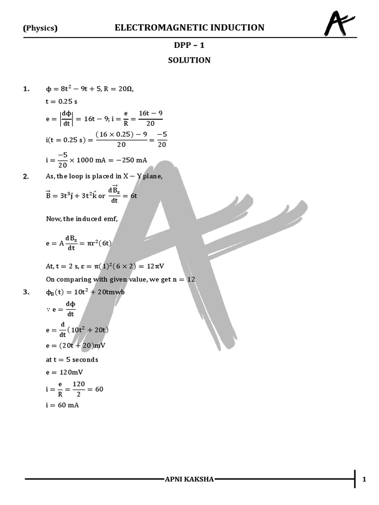 DPP - 01 (Solution) - Electromagnetic Induction | PDF | Electromagnetic Induction | Electricity