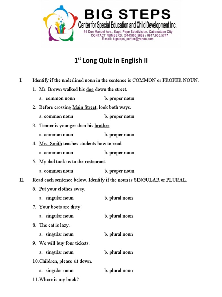 1st Long Quiz in English II | PDF | Plural | Noun