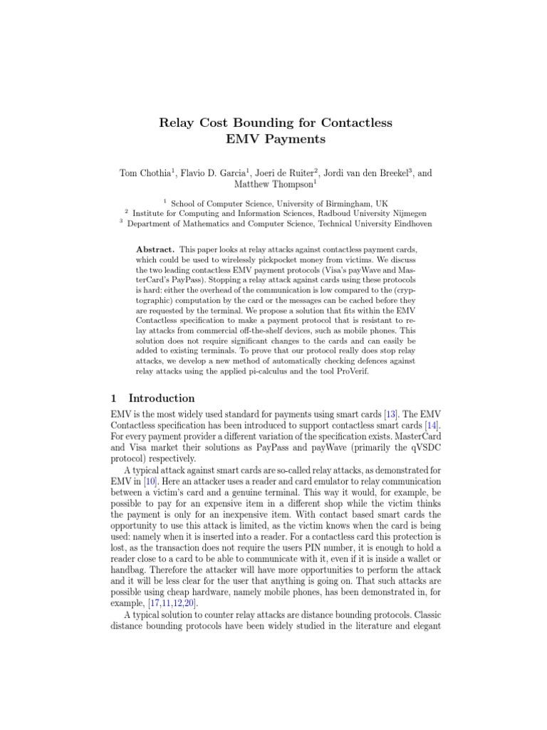 Relay Cost Bounding For Contactless EMV Payments | PDF | Emv | Visa Inc.
