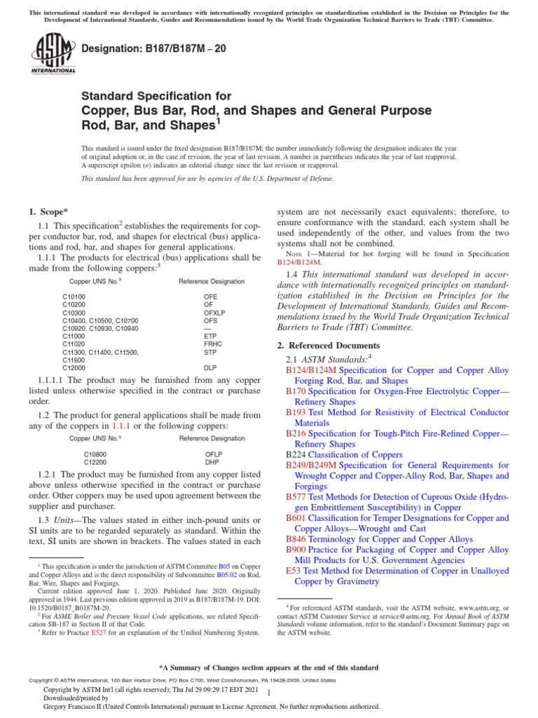Astm B187-20 | PDF | Engineering Tolerance | Silver