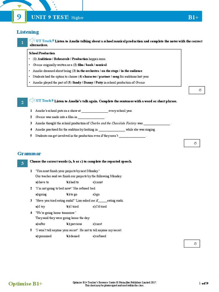 Optimise B1+ Unit 9 Test - Higher | PDF