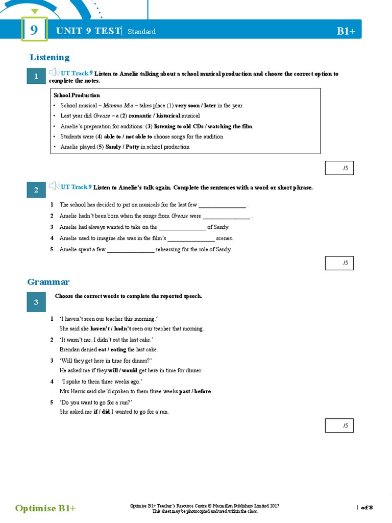 Optimise B1+ Unit 9 Test - Standard | PDF