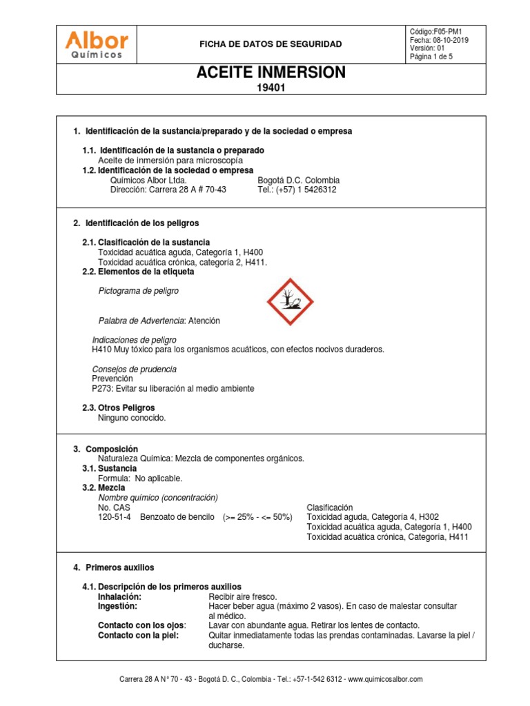 FDS Aceite de Inmersión 2019 | PDF | Toxicidad | Toxicología