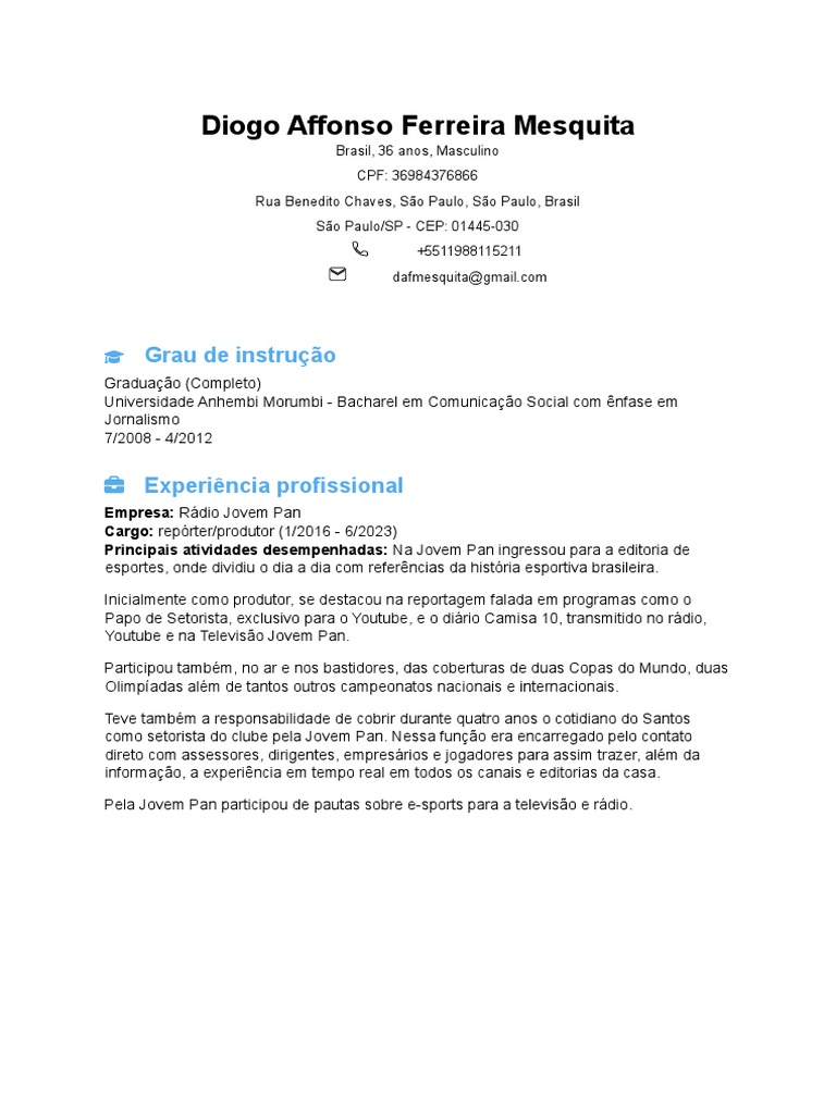 CV DM | Download grátis PDF | Brasil | Jornalista