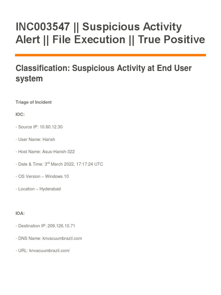 Incident Investigation of Suspicious Activity Alert File Execution ...