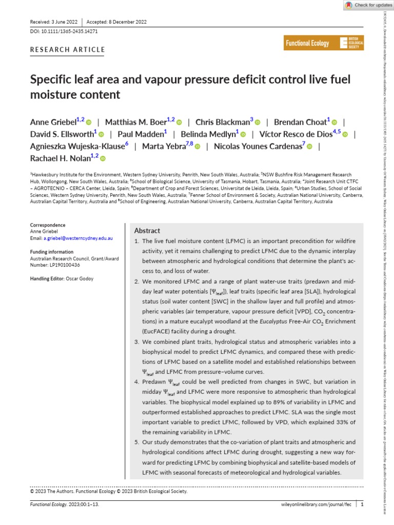 Specific Leaf Area and Vapour Pressure Deficit Control Live Fuel ...
