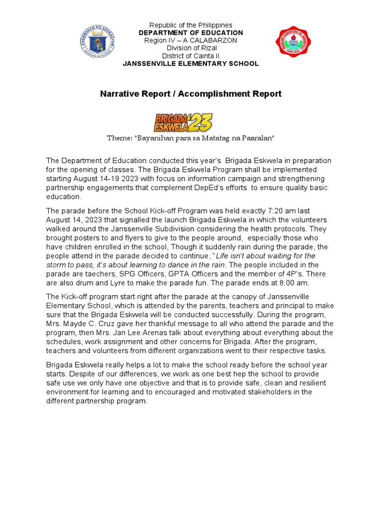 BE - NARRATIVE REPORT and DOCUMENTATION YEAR 2023 | PDF