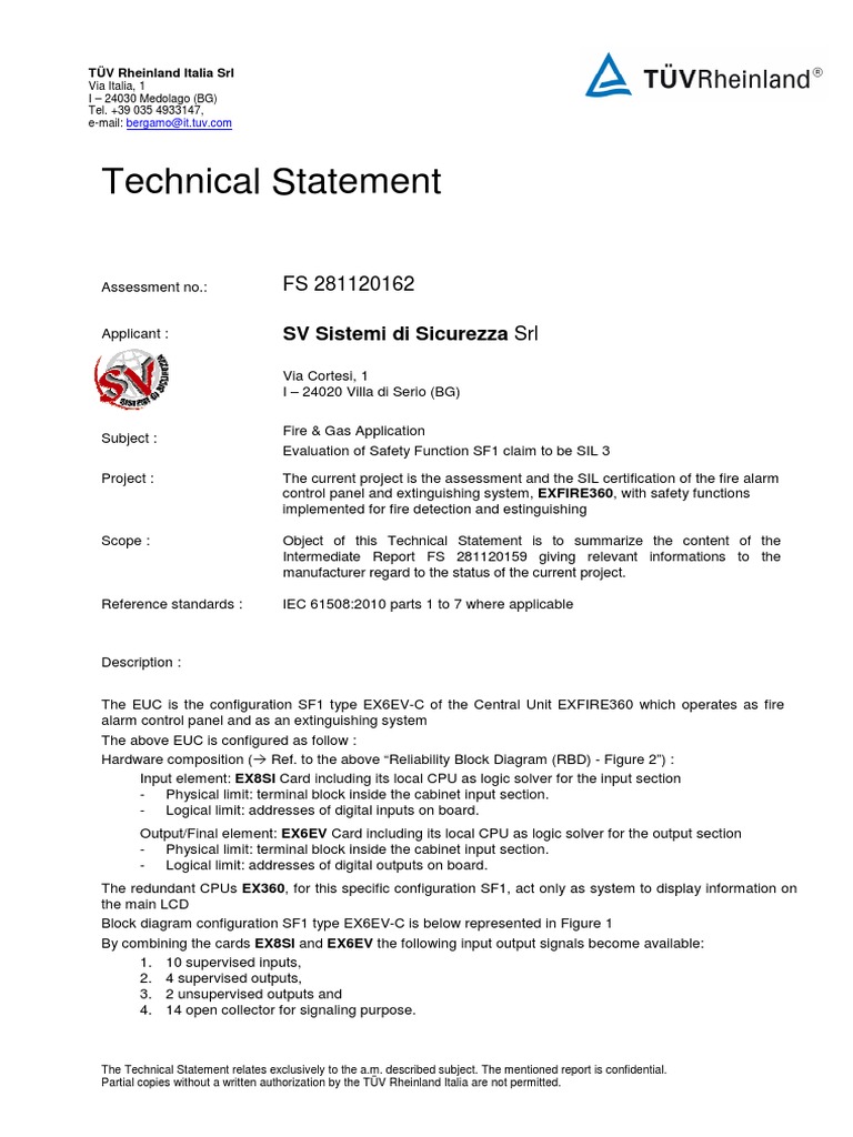 FS 281120162 Technical Statement SIL ExFire360 SV | PDF | Input/Output | Central Processing Unit
