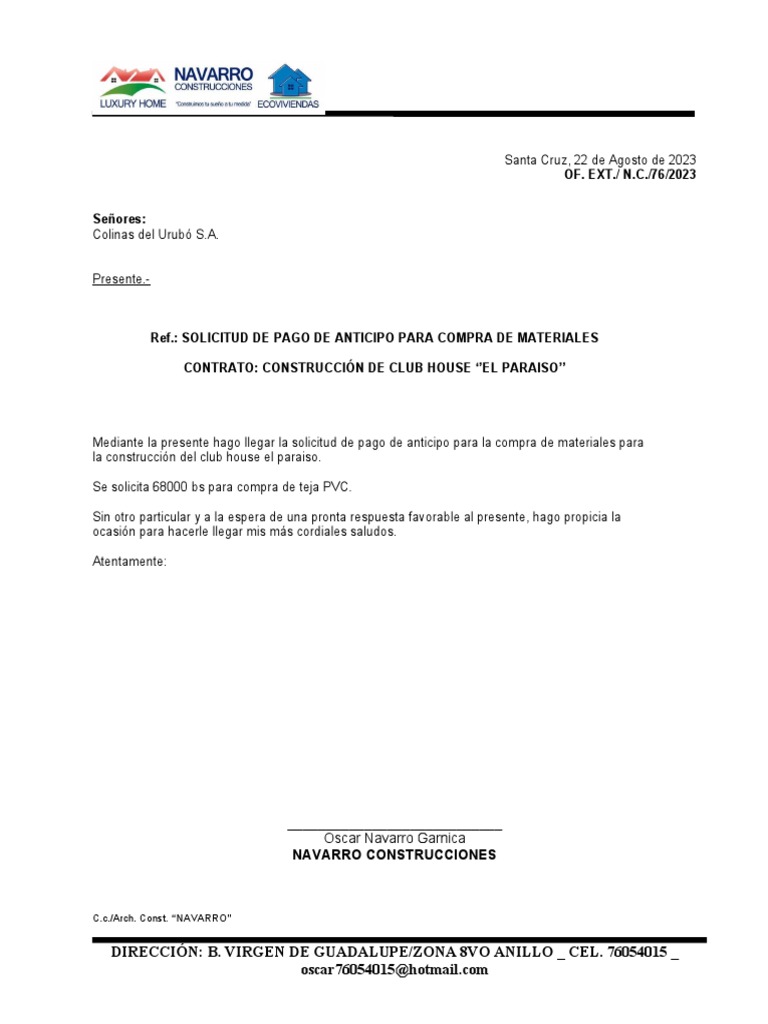 Solicitud Anticipo Compra Materiales | PDF