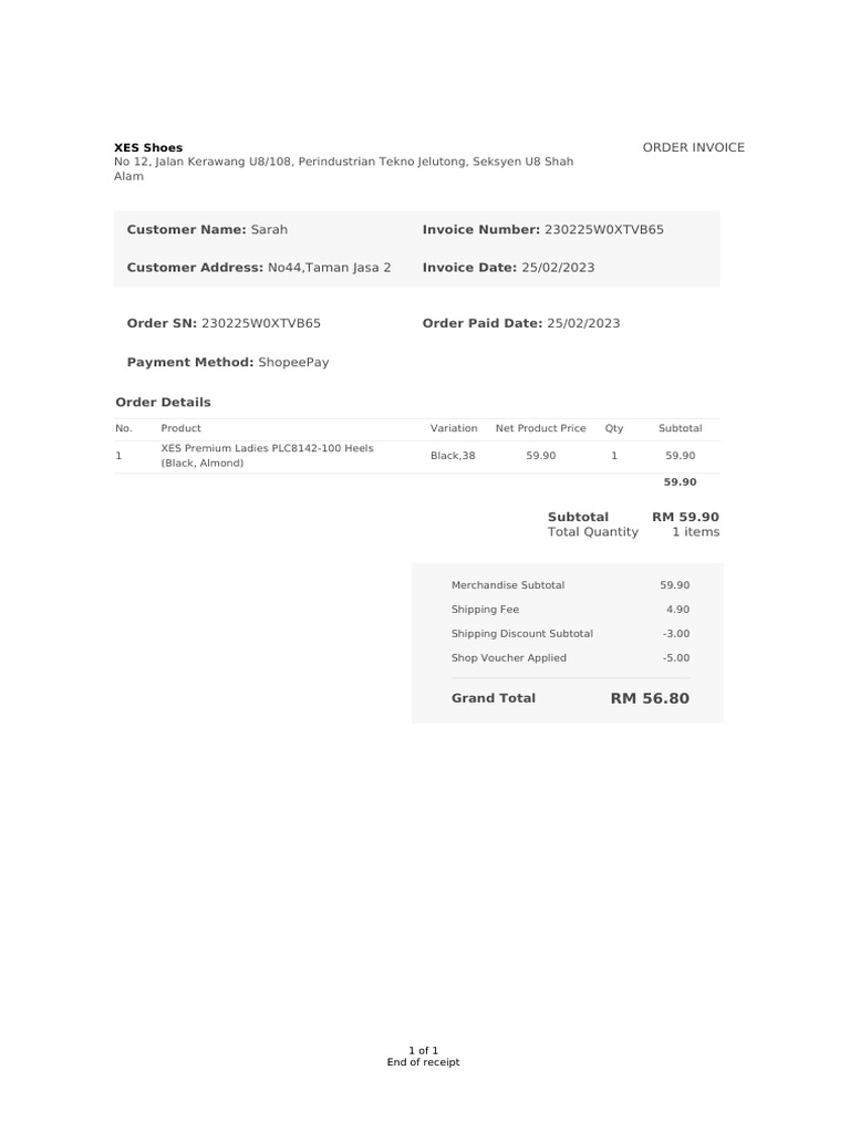 XES Shoes Invoice - Sarah, 25 Feb 2023 | PDF