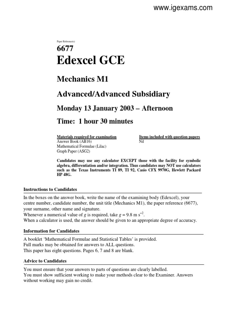 Math Jan03 QP m1 | PDF | Force | Mass