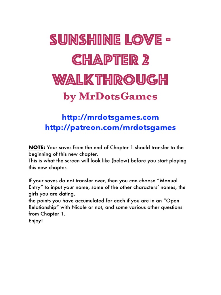 Sunshine Love Chapter 2 Walkthrough | PDF
