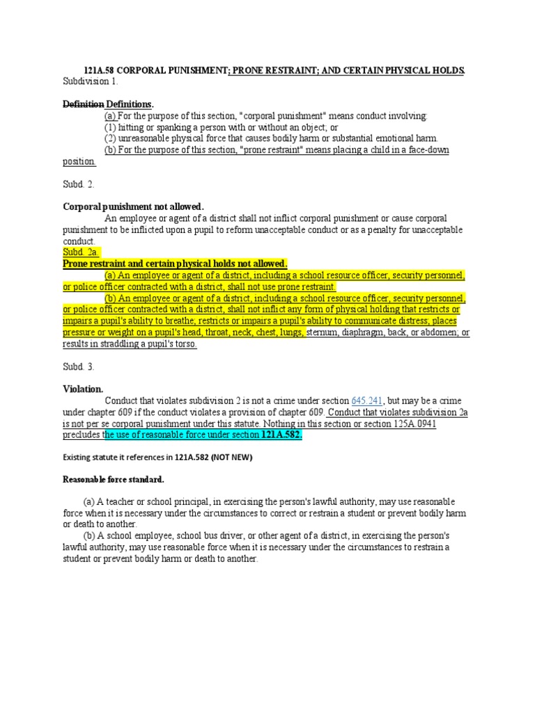 Definition Definitions.: 121A.58 Corporal Punishment Prone Restraint ...