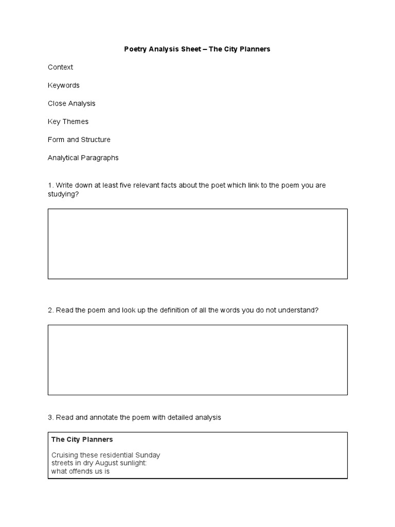 Poetry Analysis Sheet - The City Planners | PDF