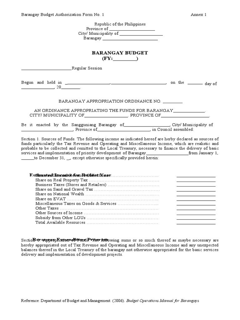 Barangay Budget Ordinance - Barangay Budget Authorization Form No. 1 ...
