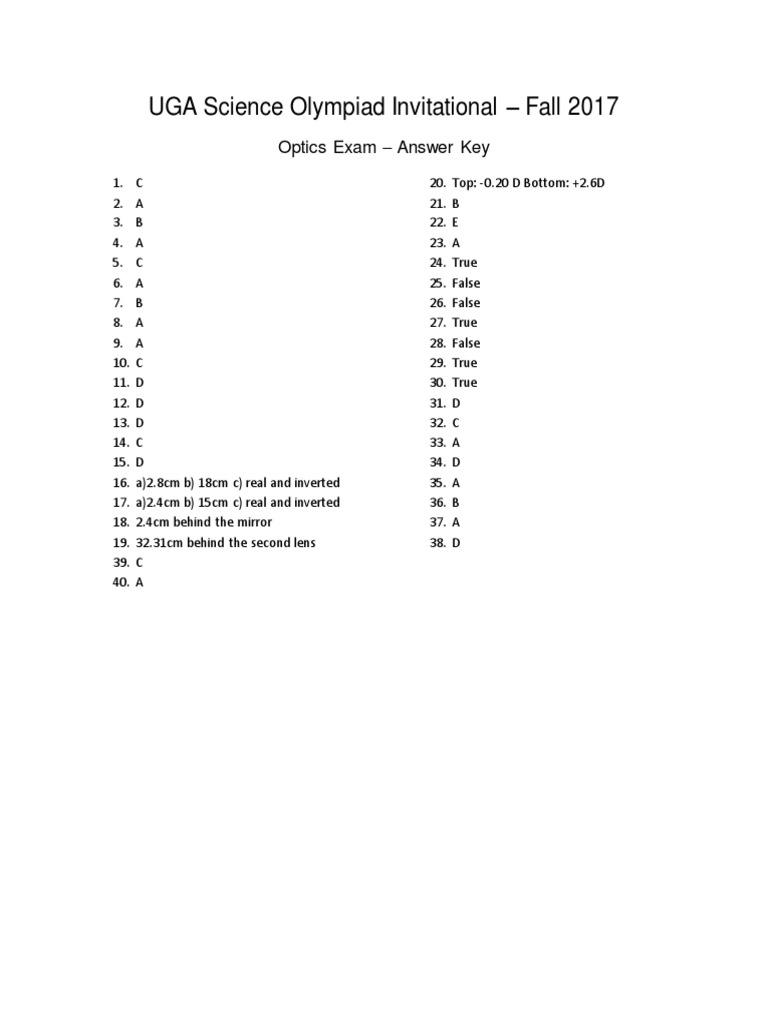UGA Science Olympiad Optics Exam Key | PDF | Teaching Methods & Materials