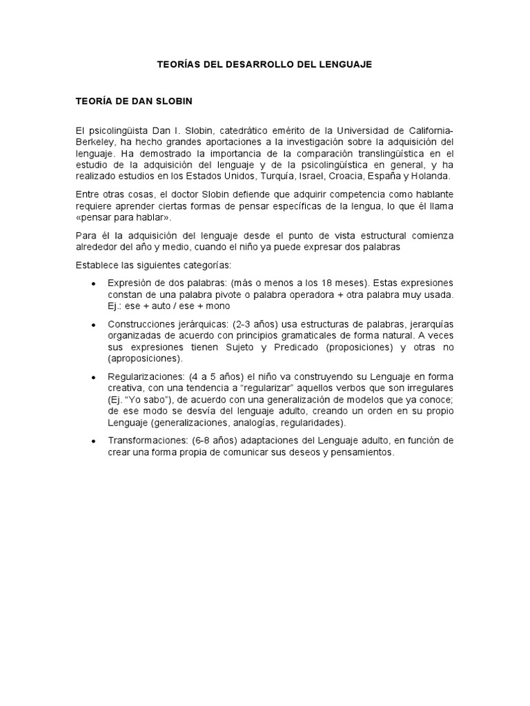 Teorías Del Desarrollo Del Lenguaje - Slobin | PDF