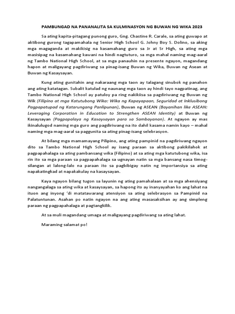 Pambungad Na Pananallita Sa Kulminasyon NG Buwan NG WIKA 2023 | PDF