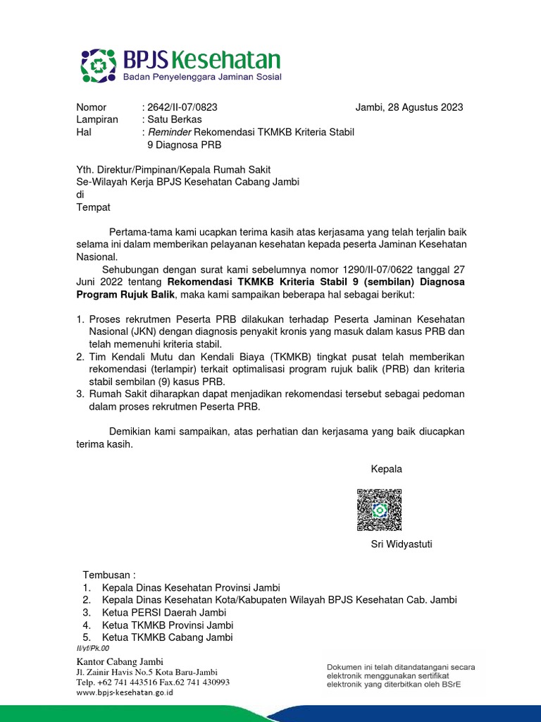 Surat Reminder Rekomendasi TKMKB Kriteria Stabil PRB | PDF | Bisnis ...