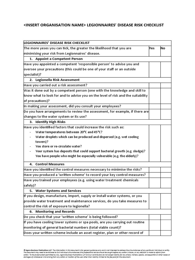 Legionnaires Disease Risk Checklist | PDF | Water | Risk