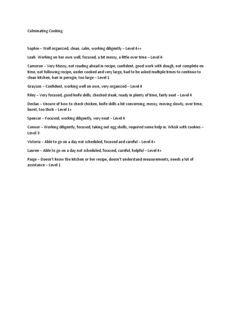 Cooking Skills Assessment and Ratings | PDF