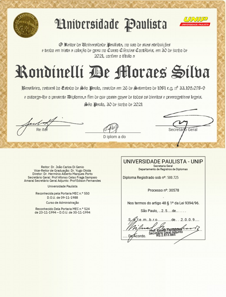 Diploma de Ciências Contábeis - UNIP | PDF | Estágios educacionais