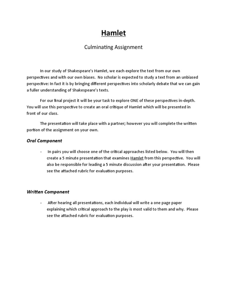 Hamlet Culminating Task | PDF | Psychoanalysis | Philosophical Theories