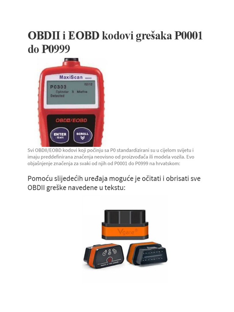 OBDII I EOBD Kodovi Grešaka P0001 Do P0999 | PDF