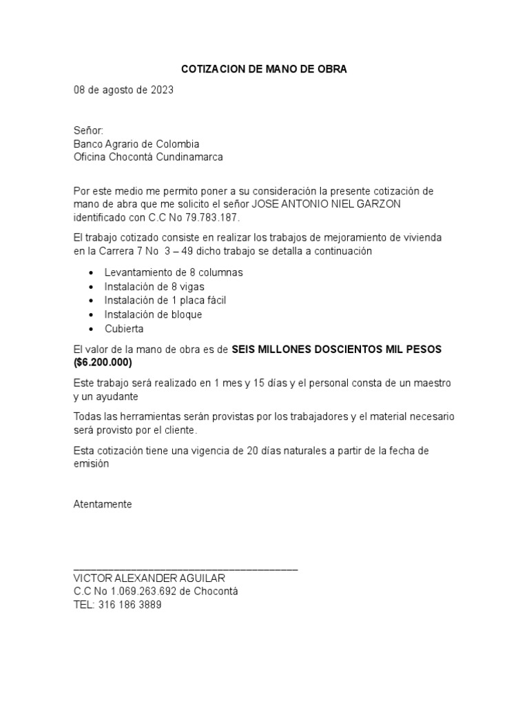 Cotizacion de Mano de Obra | PDF