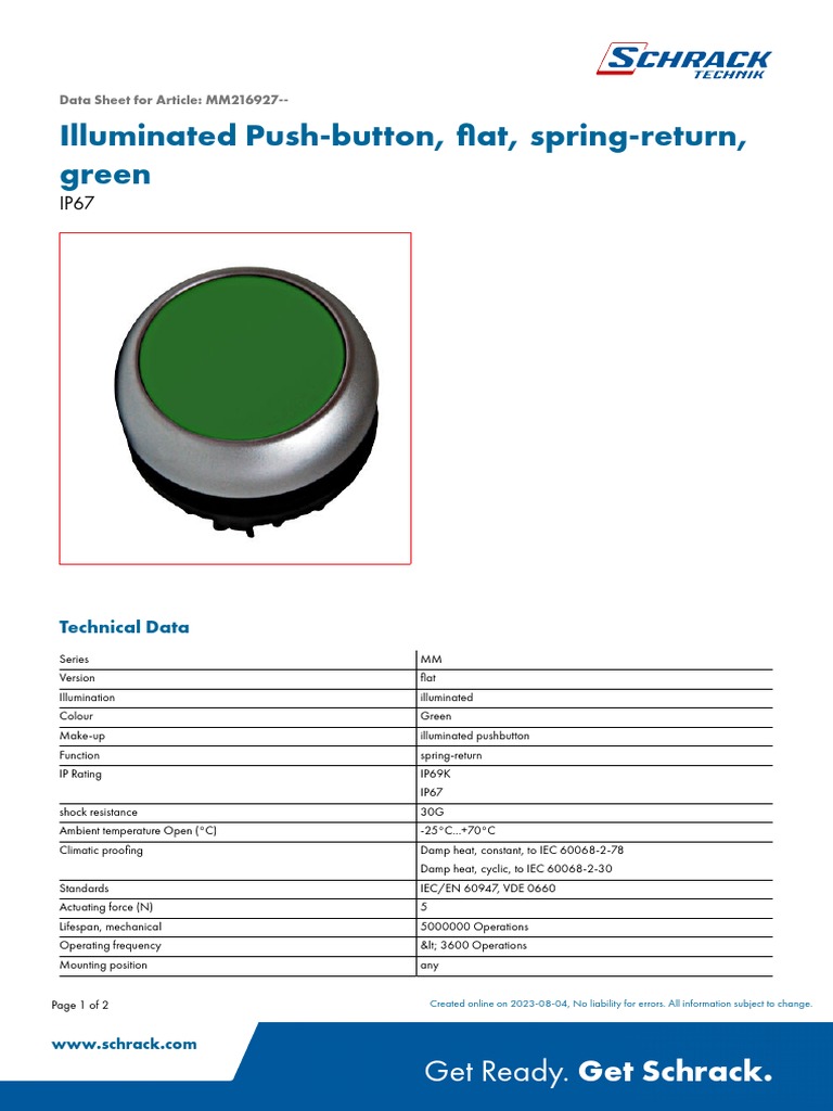 Green Illuminated Push-button IP67 Data Sheet | PDF